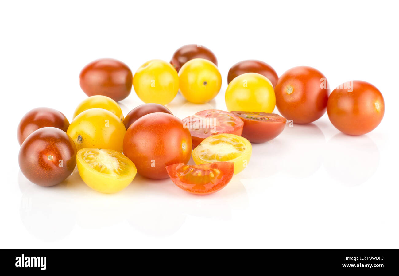 Grape cherry tomatoes mix stack isolated on white background red black yellow collection ...