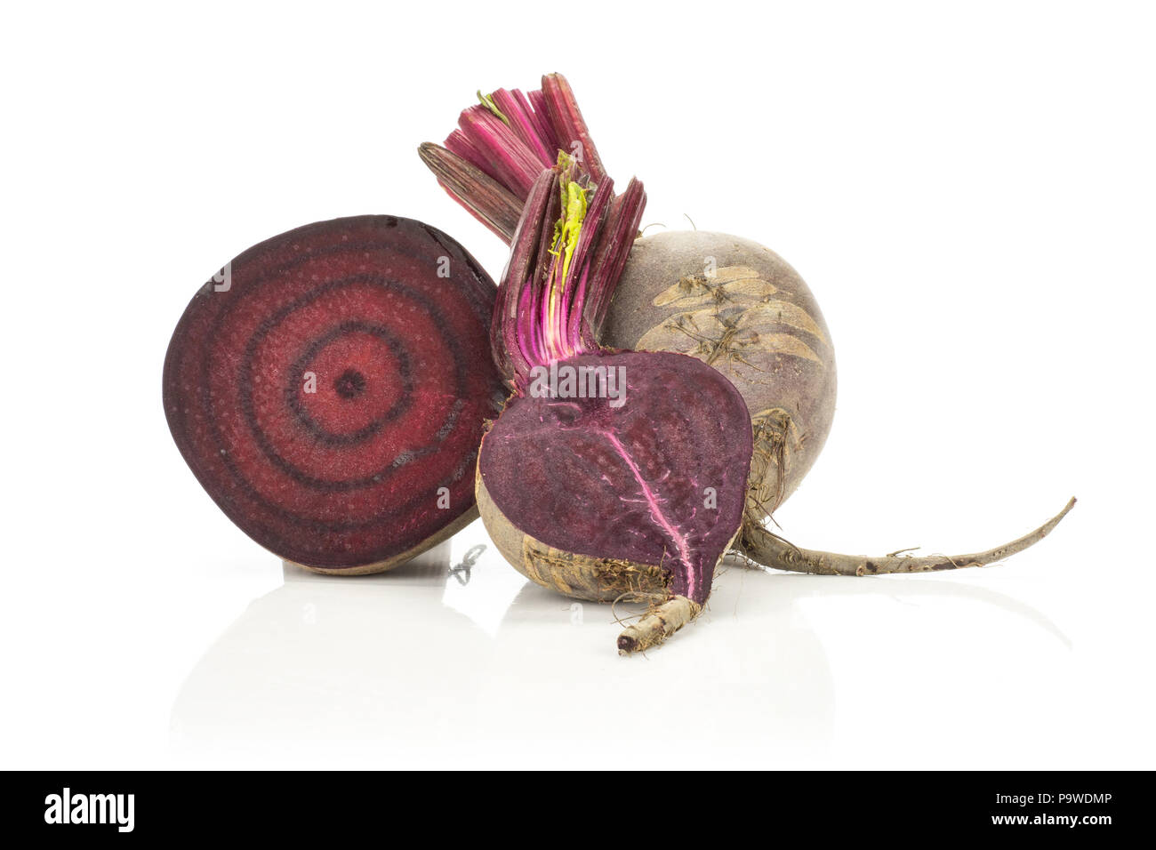 Sliced red beet collection section halves isolated on white background ...