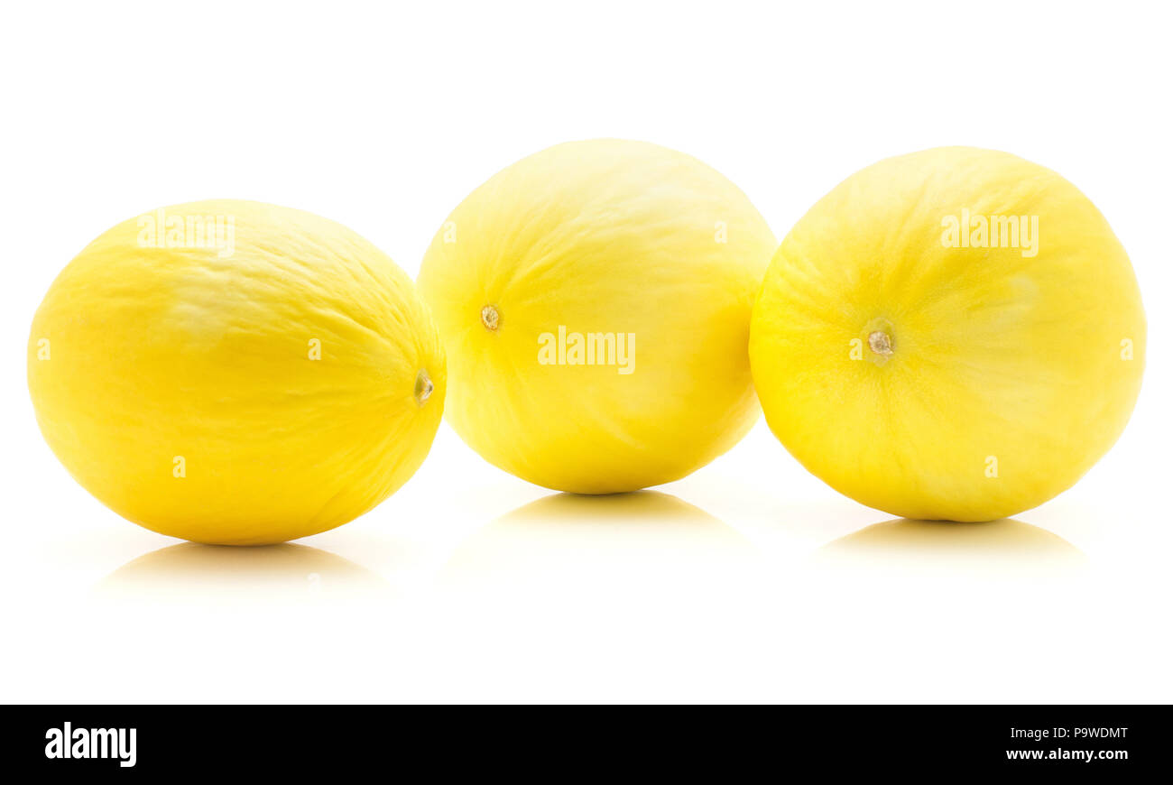 Yellow honeydew melons isolated on white background three whole Stock ...