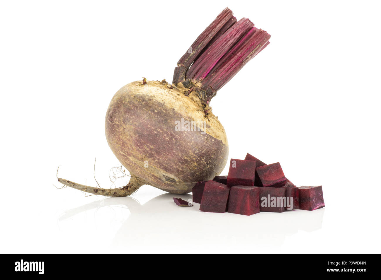 Red beet one bulb and slices cut squared pieces isolated on white ...