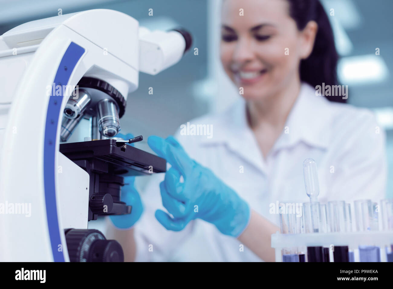 Modern equipment. Selective focus of a professional microscope with a ...