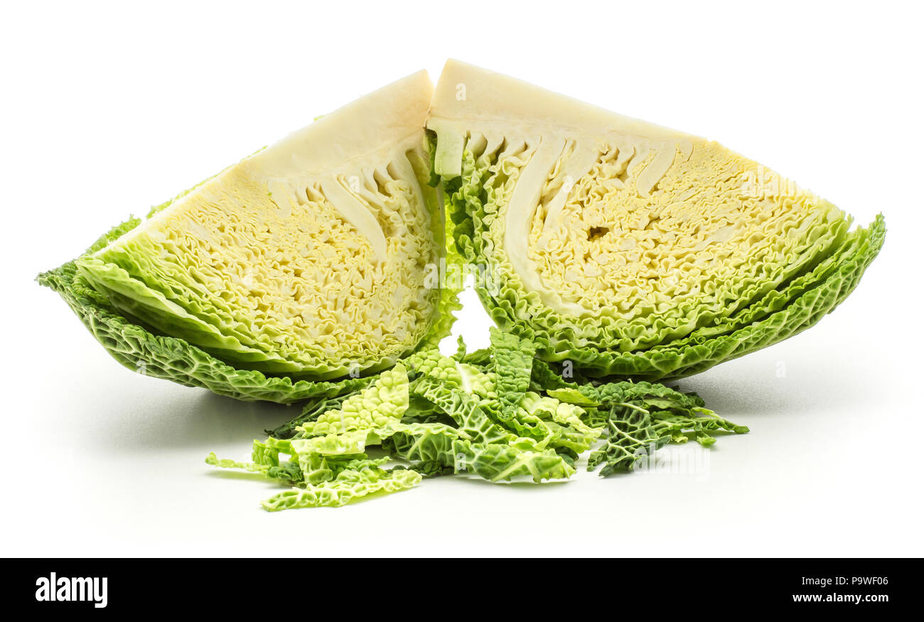 Two savoy cabbage slices with chopped leaves stack isolated on white background fresh green ...