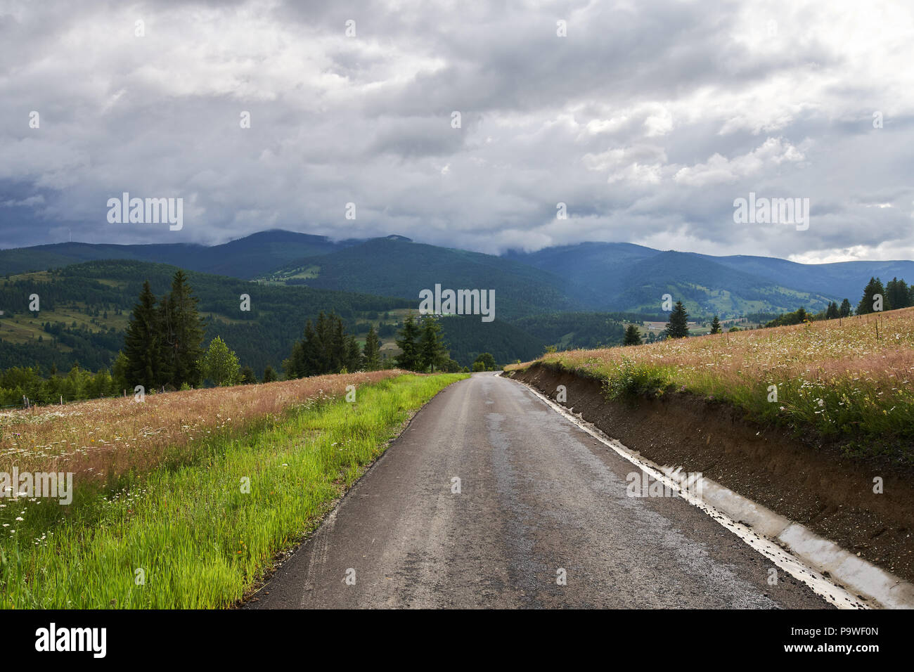 Landscape with an empty road into the mountains Stock Photo - Alamy
