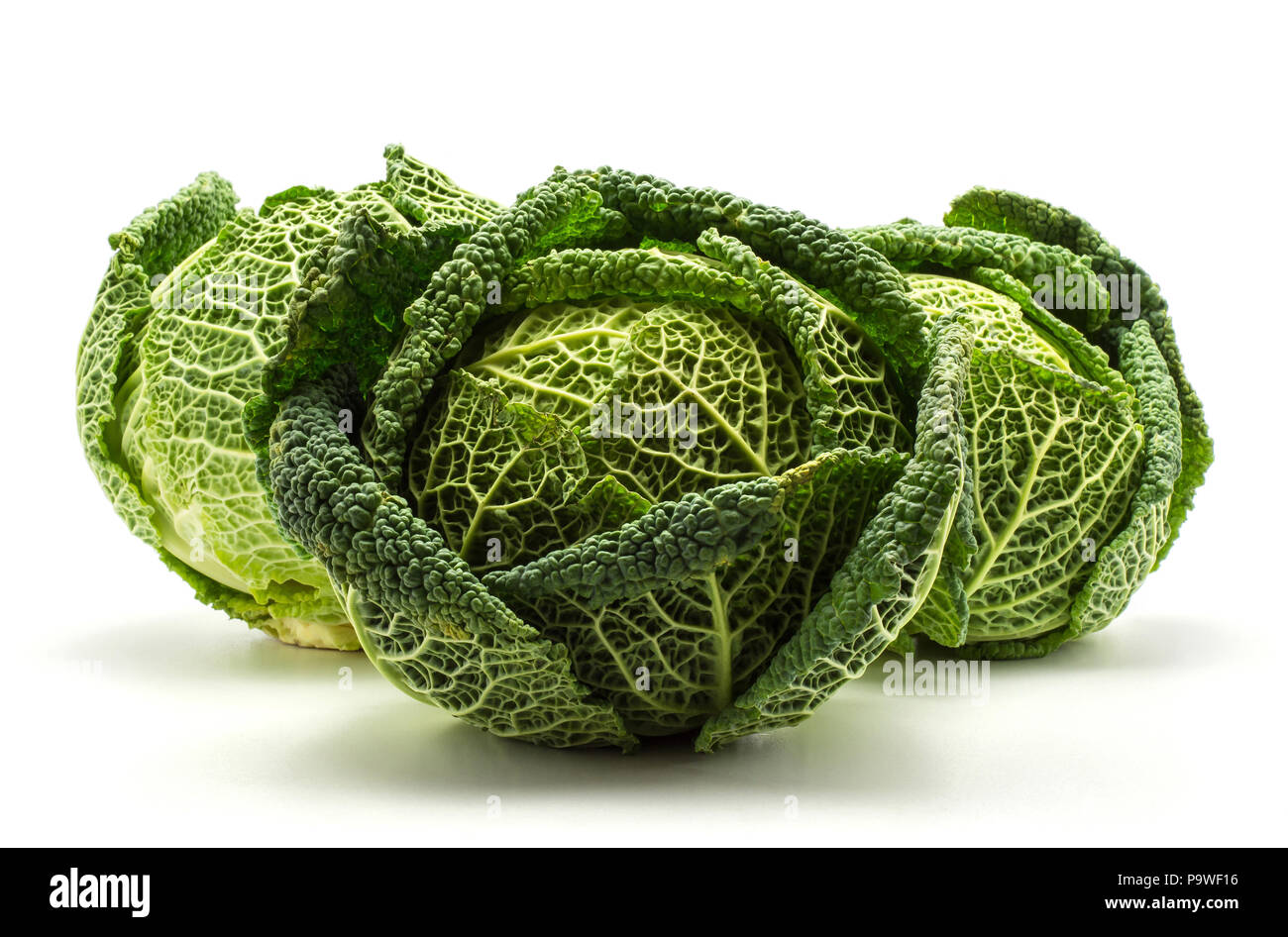 Three savoy cabbages isolated on white background fresh green heads ...