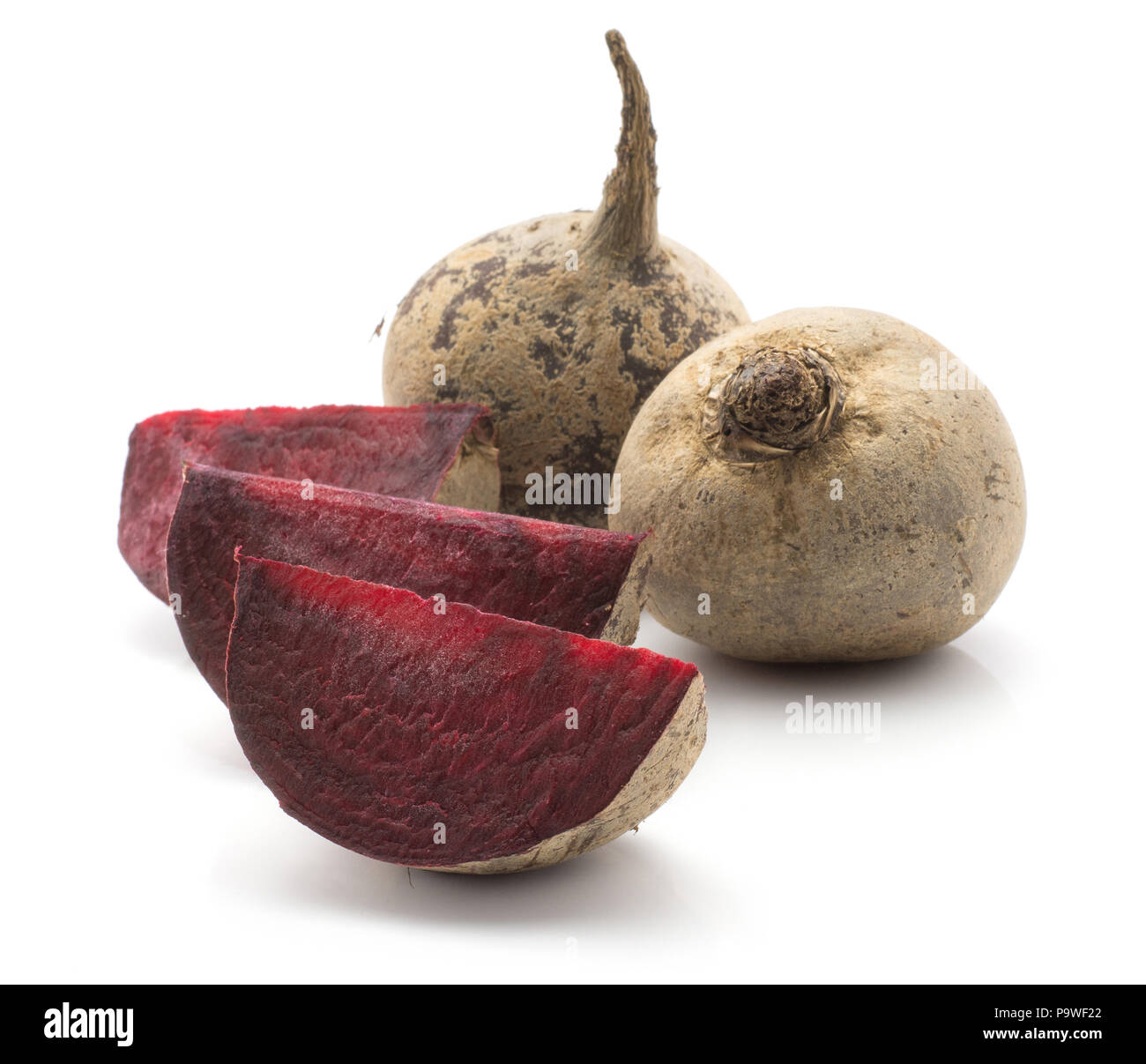 Beetroot (raw red beet) isolated on white background two bulb and three ...