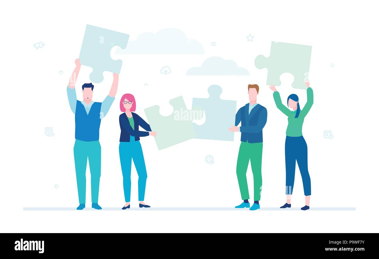 Business team doing a puzzle - flat design style colorful illustration ...