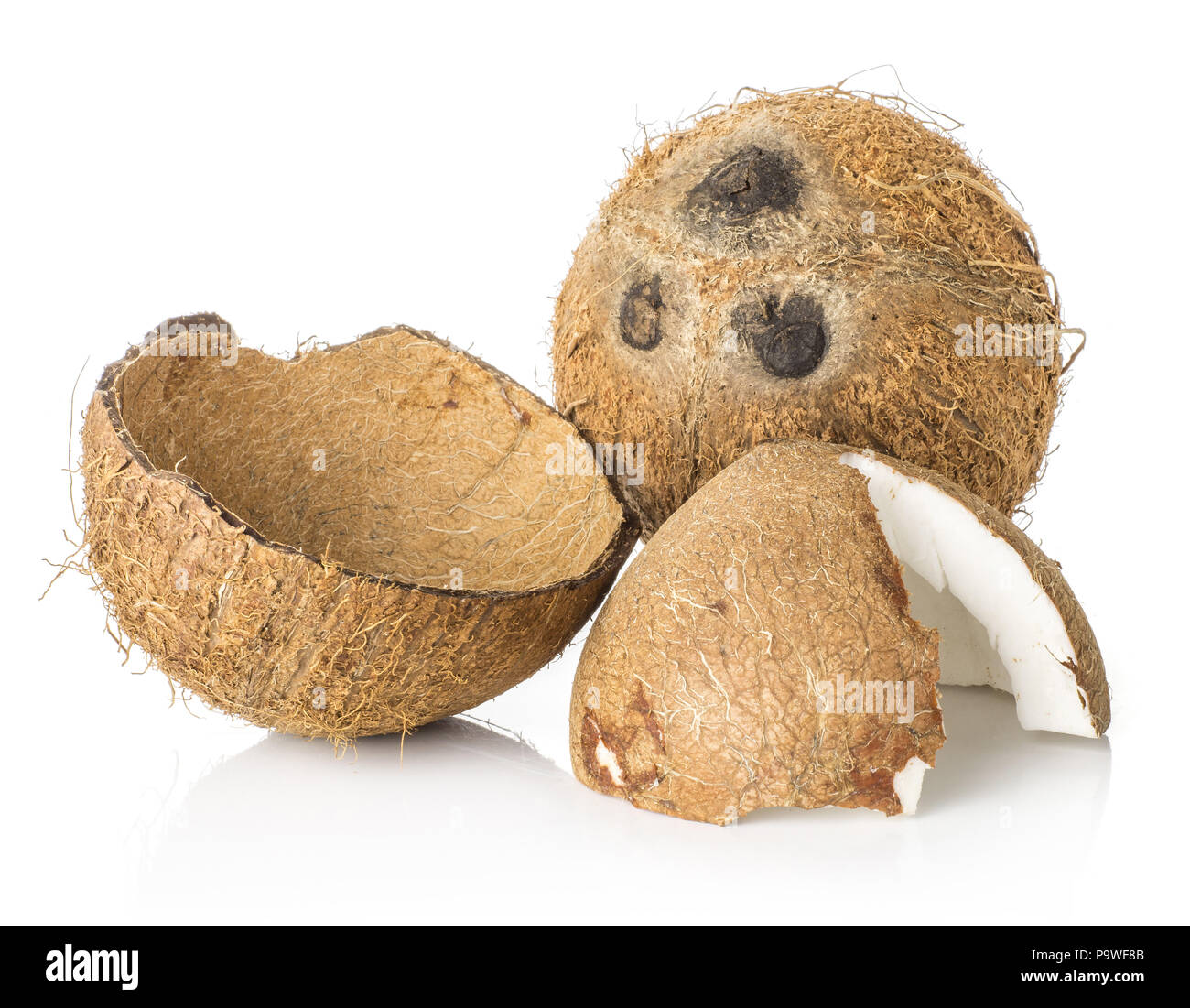 Coconut set one nut with two broken halves isolated on white background ...