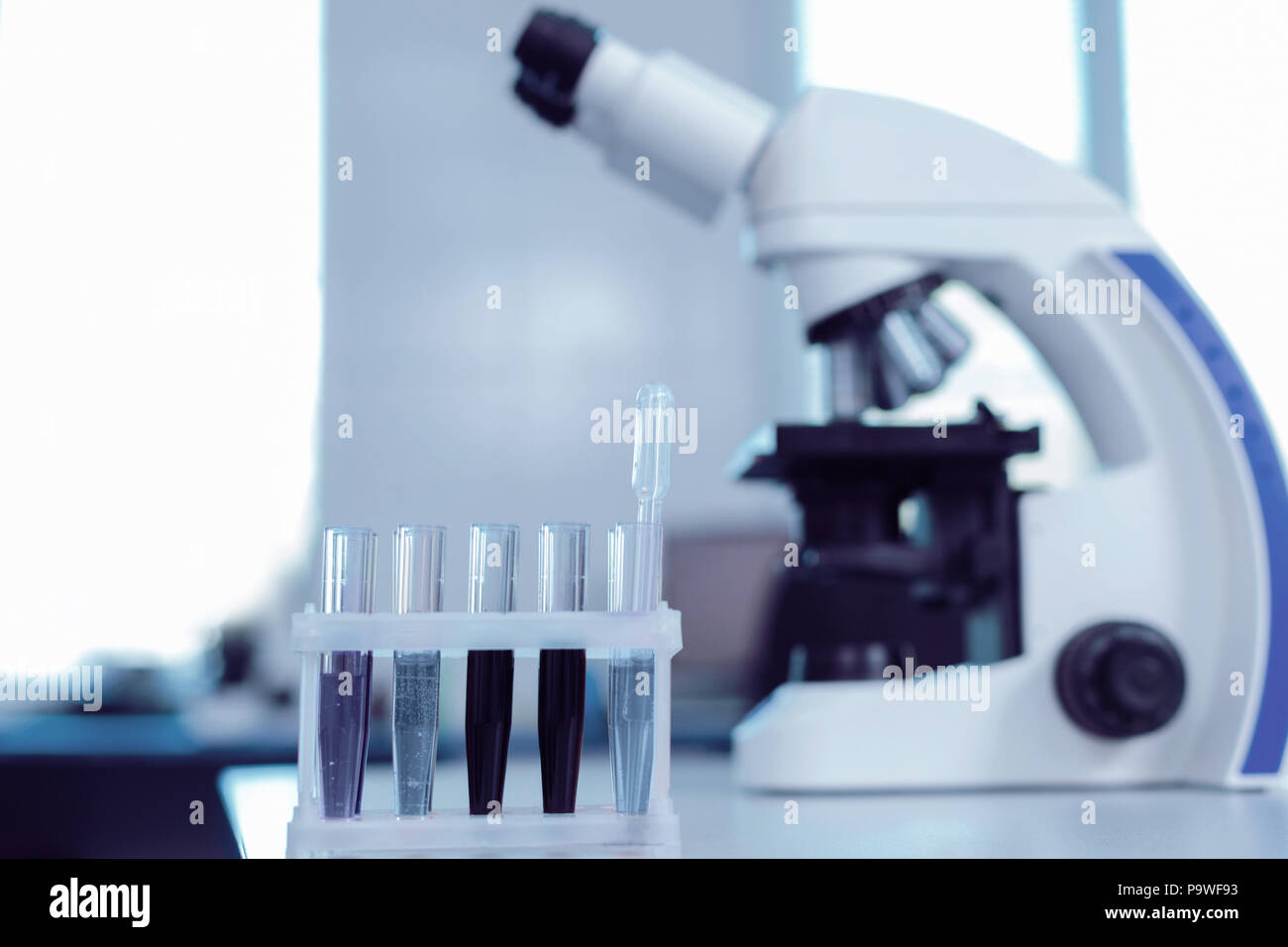 Samples for analysis. Test tubes with different liquids standing in the ...