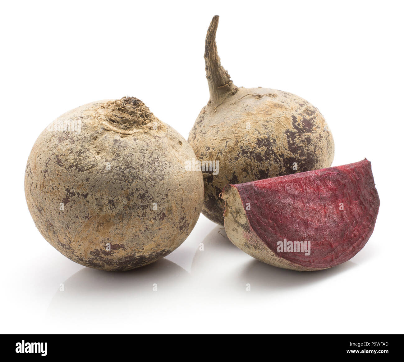Two beetroot bulbs and one slice (raw red beet) isolated on white ...