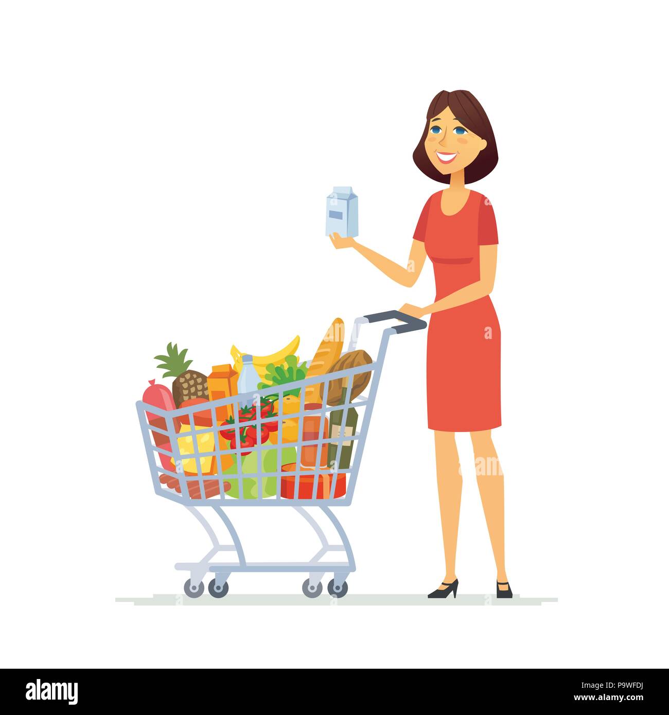 Young woman with a shopping cart - cartoon people characters isolated ...