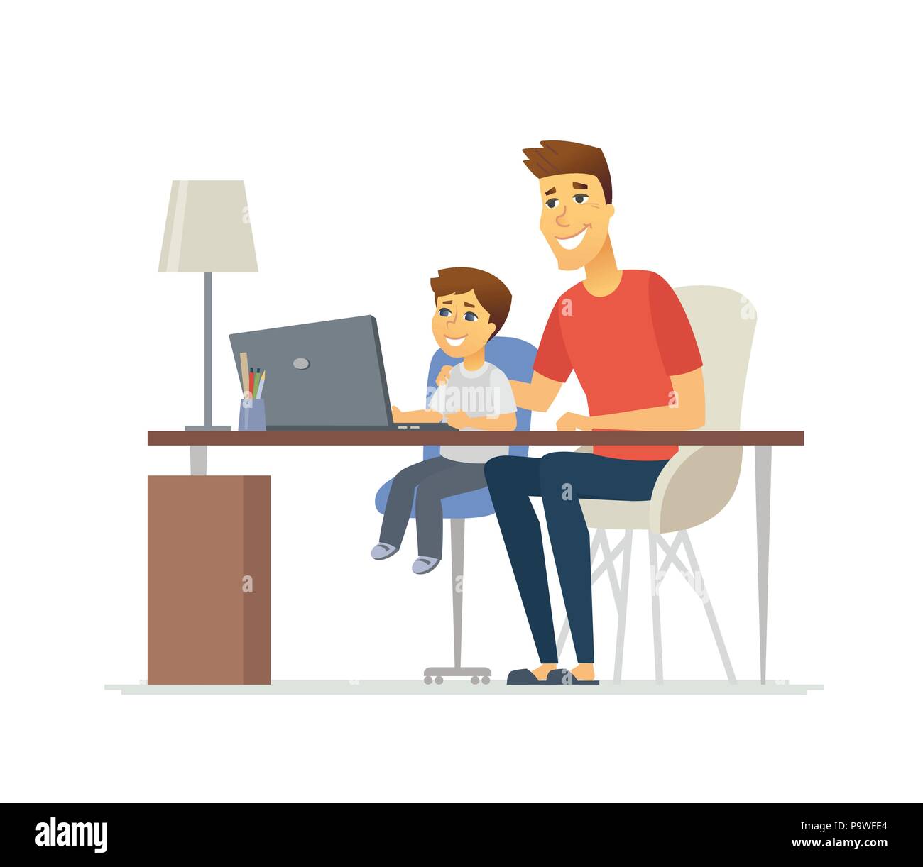 Father and son at the laptop - cartoon people characters illustration ...