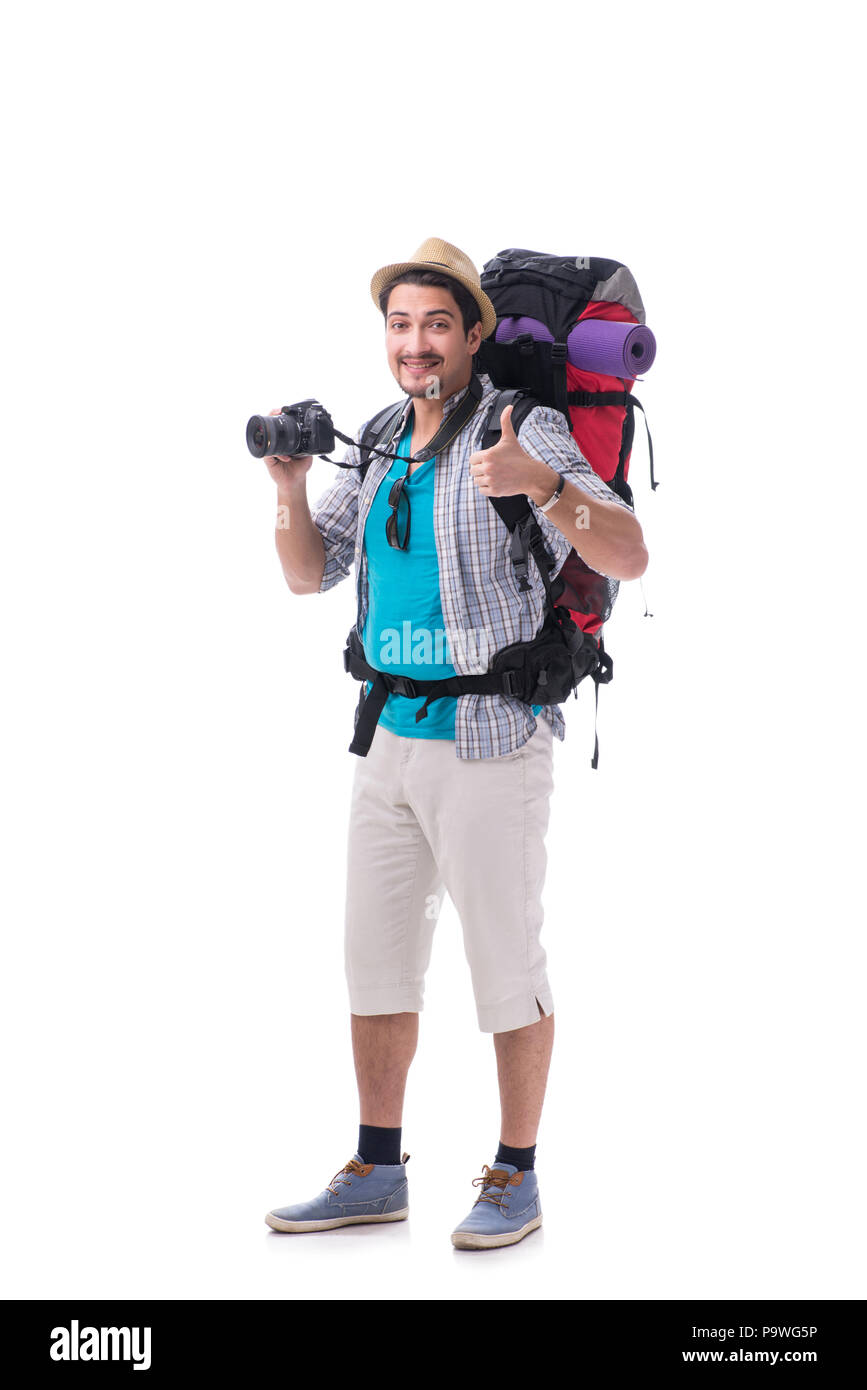 Backpacker with camera isolated on white background Stock Photo - Alamy