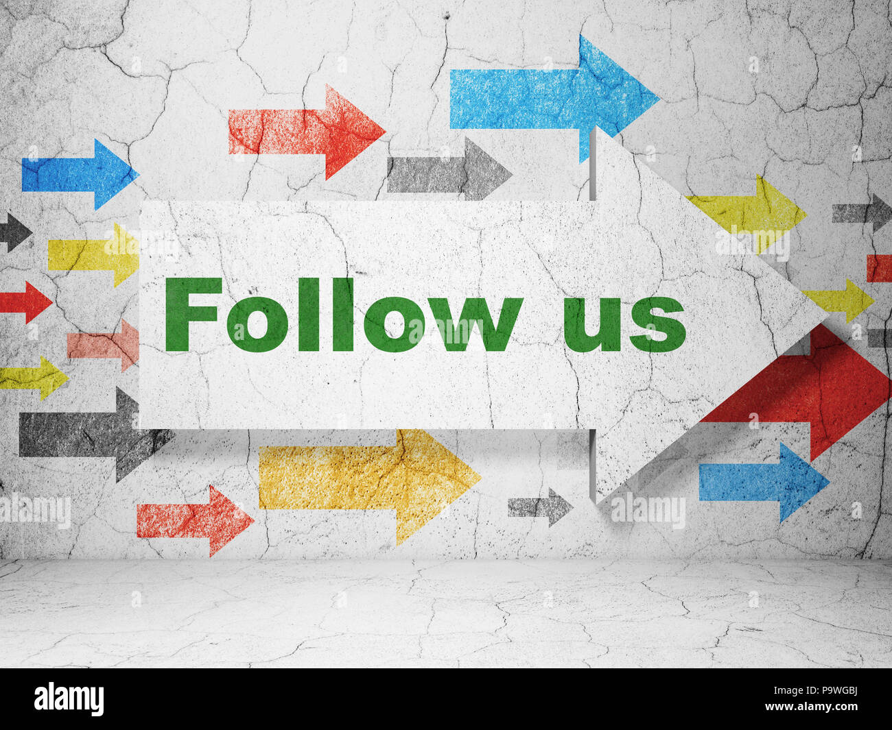 Social media concept: arrow with Follow us on grunge wall background ...