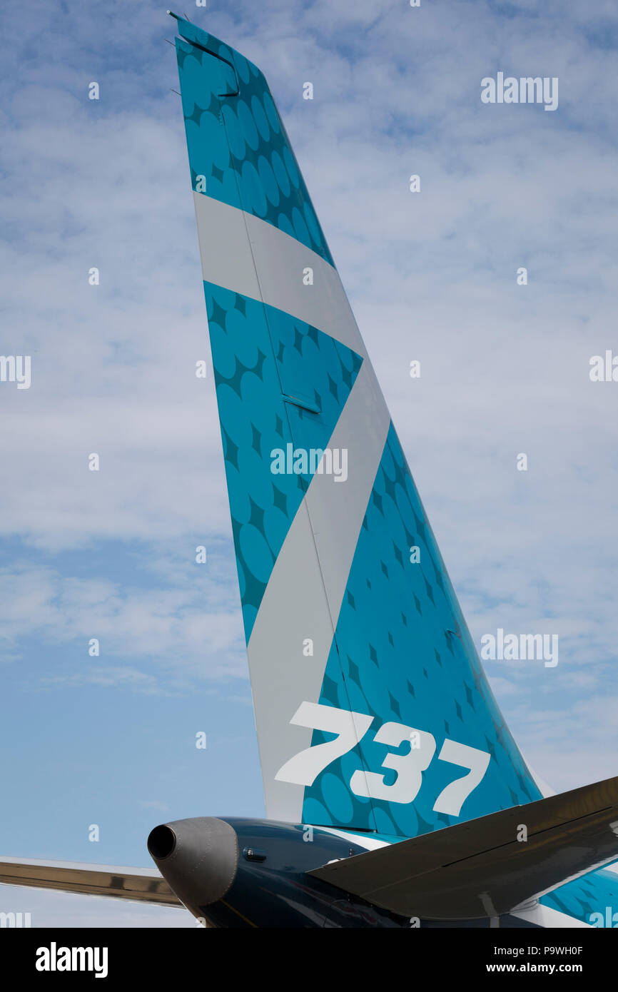 The tail of a Boeing 737 at the Farnborough Airshow, on 16th July 2018 ...