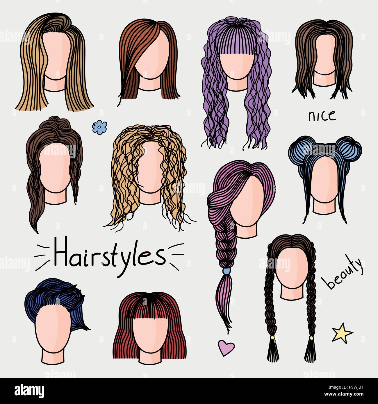 Set of hand drawn womens hairstyles. Colored doodle illustration Stock ...