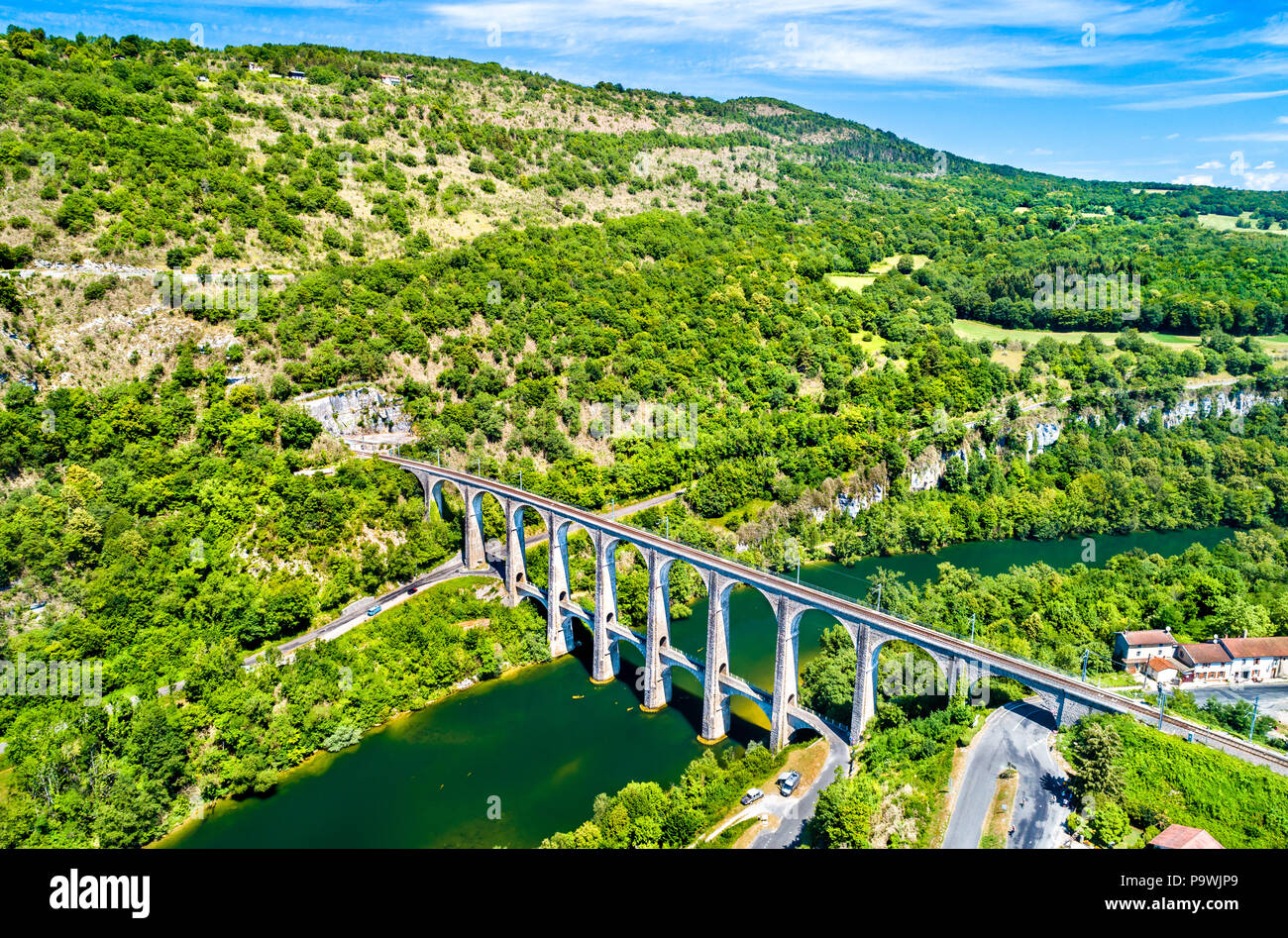 The Cize-Bolozon rail and road viaduct across the Ain gorge in France ...