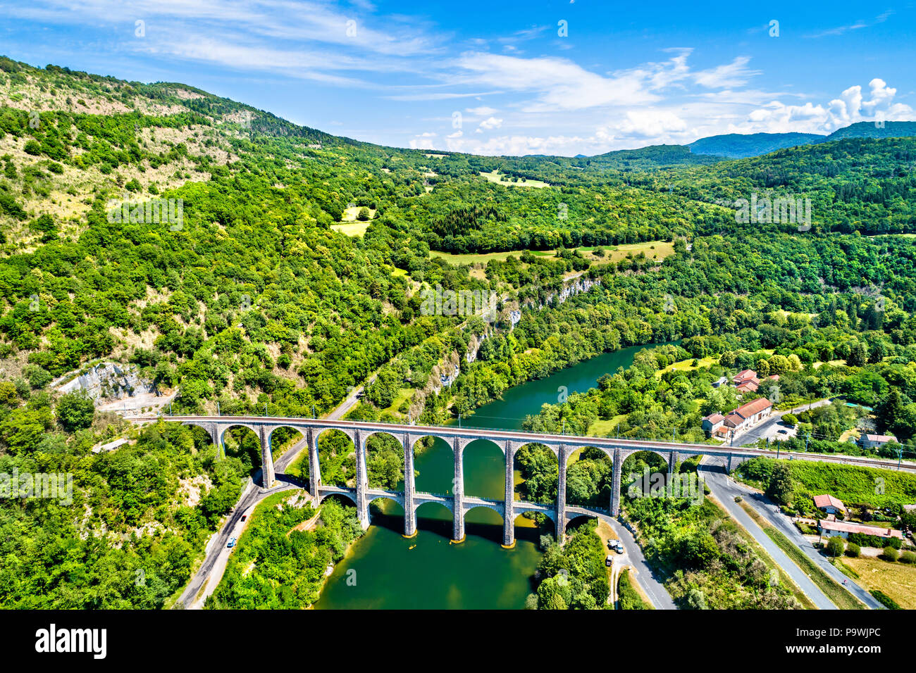 The Cize-Bolozon rail and road viaduct across the Ain gorge in France ...