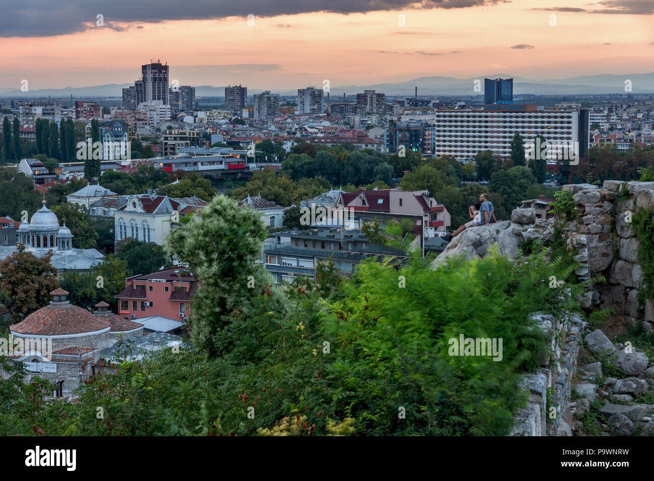PLOVDIV, BULGARIA - SEPTEMBER 2 2016: Sunset view of city of Plovdiv ...