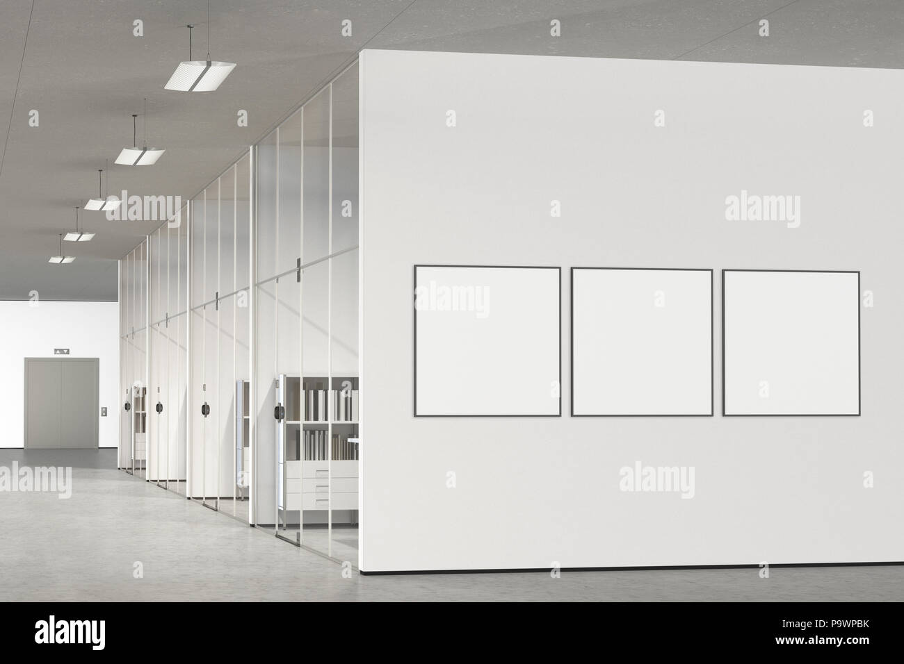 Three square blank posters on the wall in modern office with clipping ...