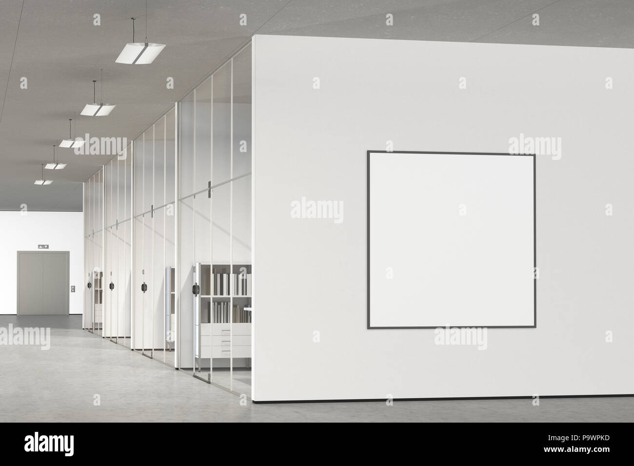 Square blank poster on the wall in modern office with clipping path ...
