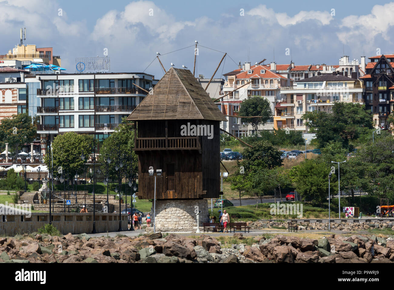 NESSEBAR, BULGARIA - 30 JULY 2014: Old Wooden windmill and panorama to ...