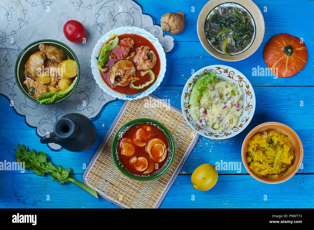 Assamese cuisine South-East Asia Traditional assorted dishes, Top view ...