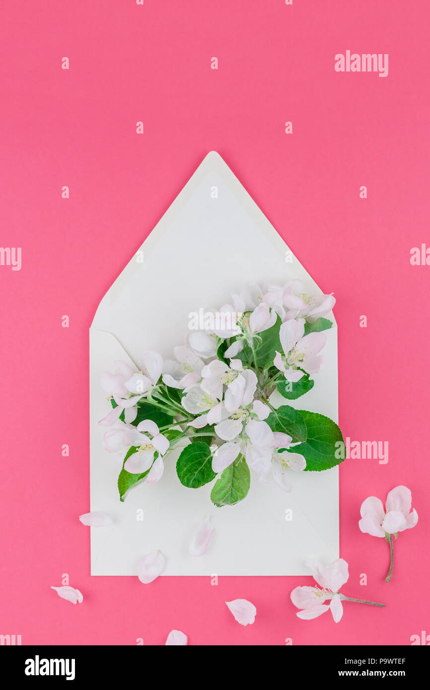 Creative flat lay concept top view of blank letter envelope and apple ...