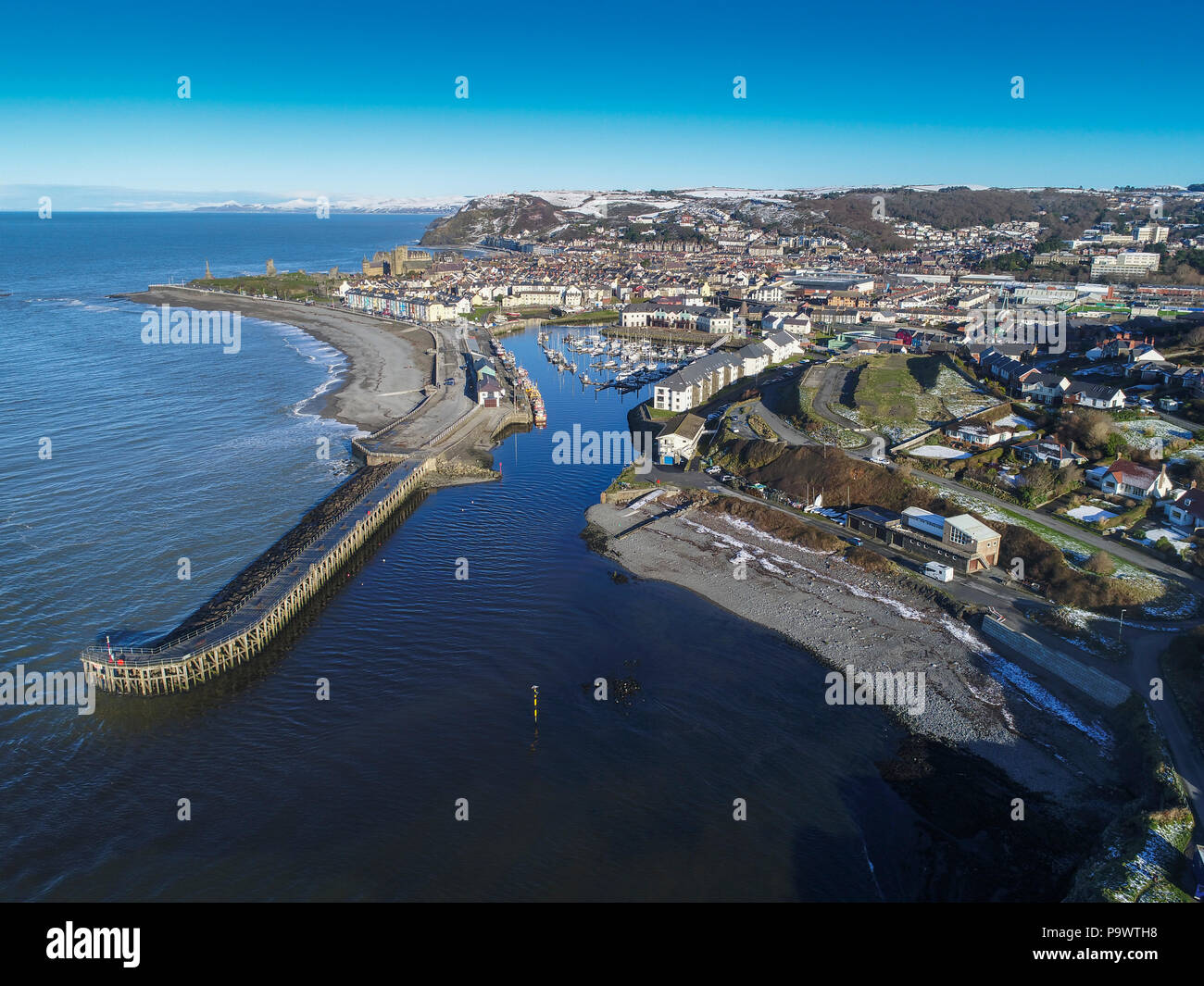 Aerial view of ABERYSTWYTH, showing the harbour and marina, on the ...