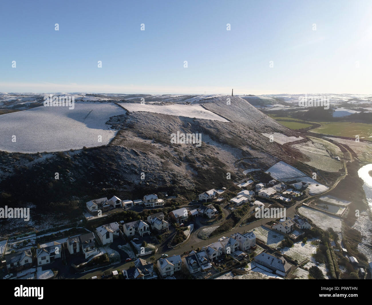 Aerial view of ABERYSTWYTH, showing Pen Dinas iron age hill fort, on ...