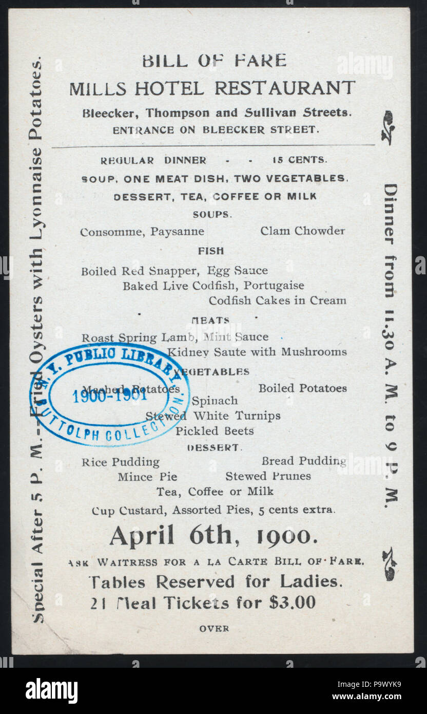 203 BILL OF FARE-BREAKFAST-DINNER (held by) MILLS HOTEL RESTAURANT (at ...