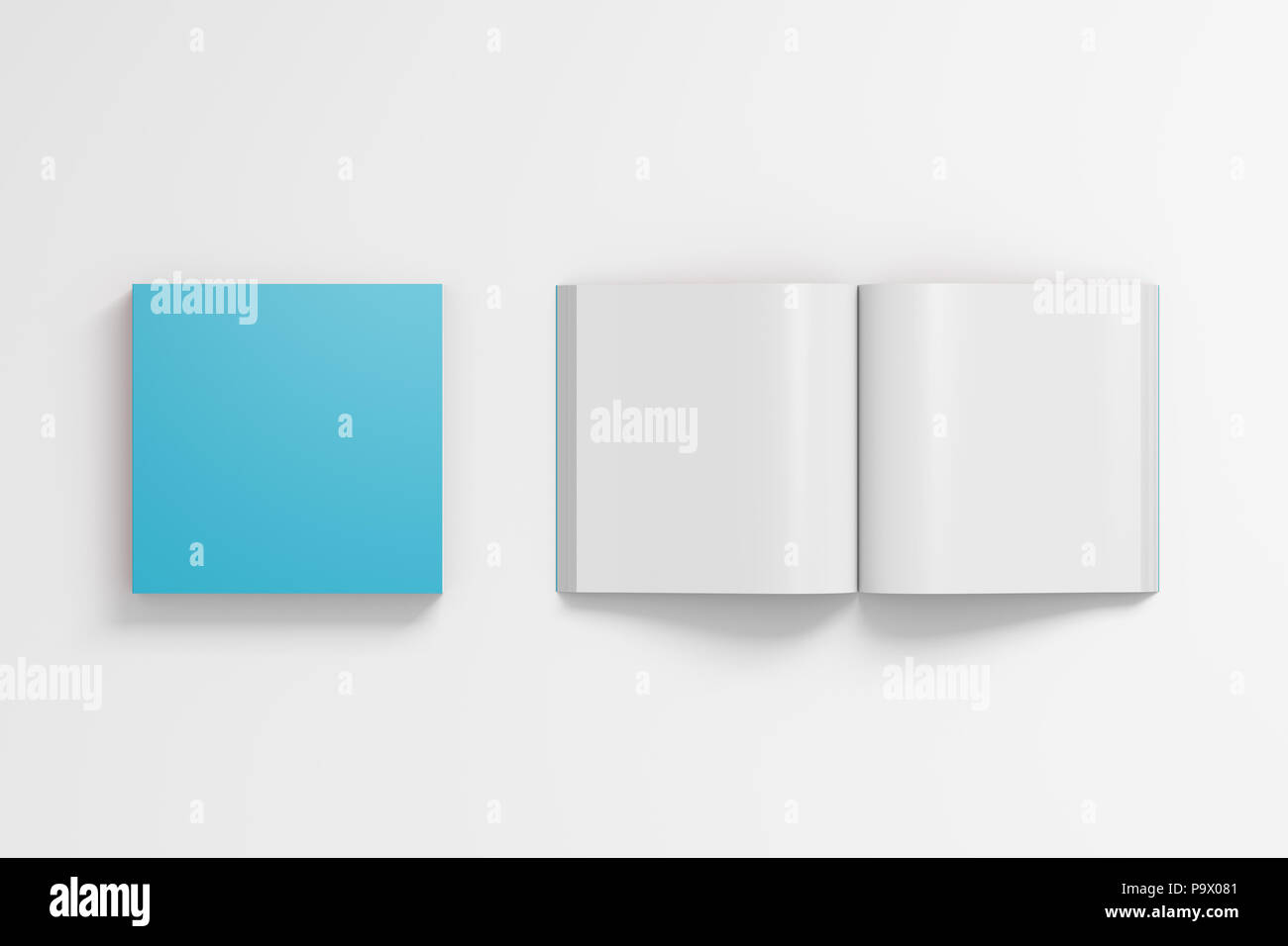 Blank cyan square soft cover book with glossy paper on white background ...