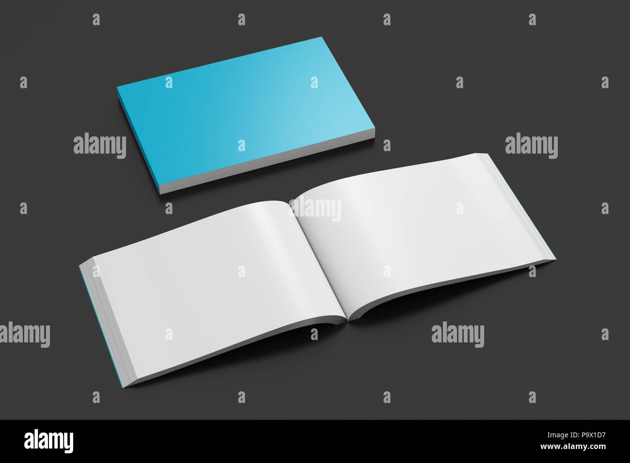 Blank cyan landscape soft cover book with glossy paper on black ...