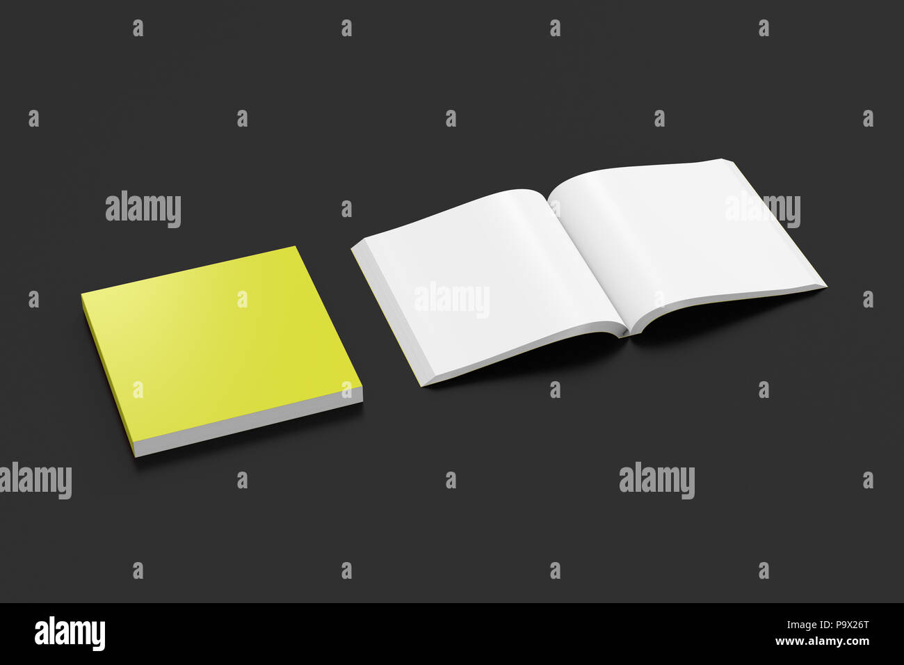 Blank yellow square soft cover book with glossy paper on black ...