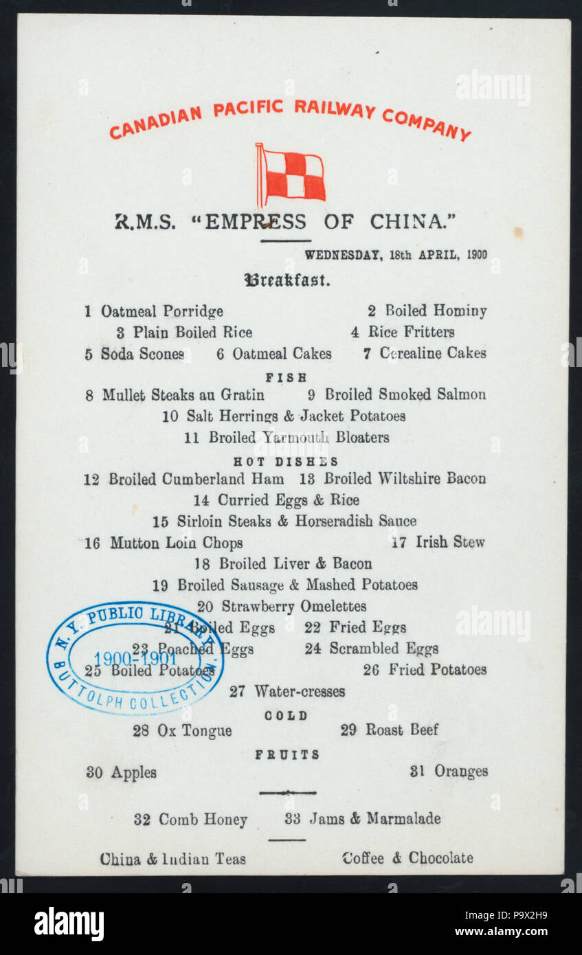 233 BREAKFAST (held by) CANADIAN PACIFIC RAILWAY COMPANY (at) "R.M.S ...