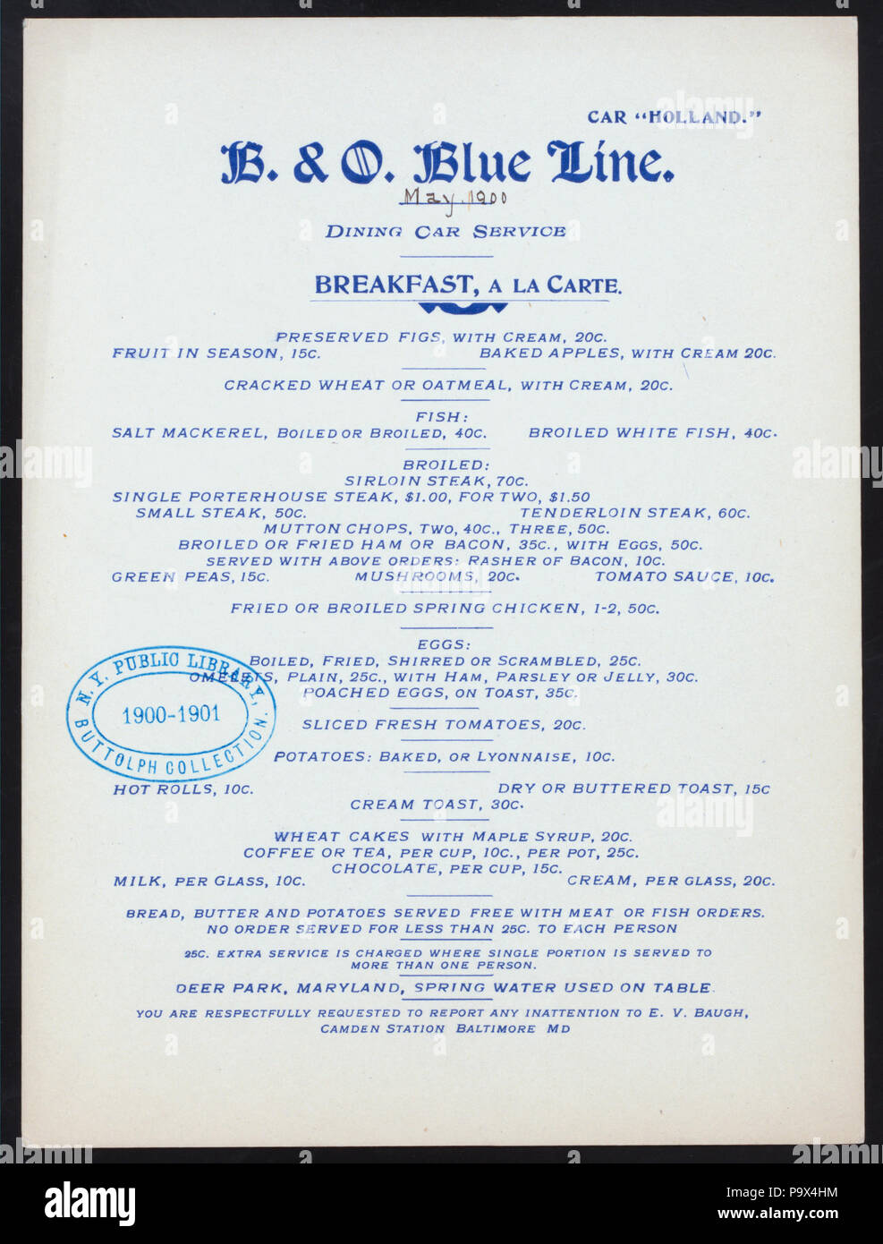 233 BREAKFAST (held by) BALTIMORE AND OHIO RR ROYAL BLUE LINE (at) CAR ...