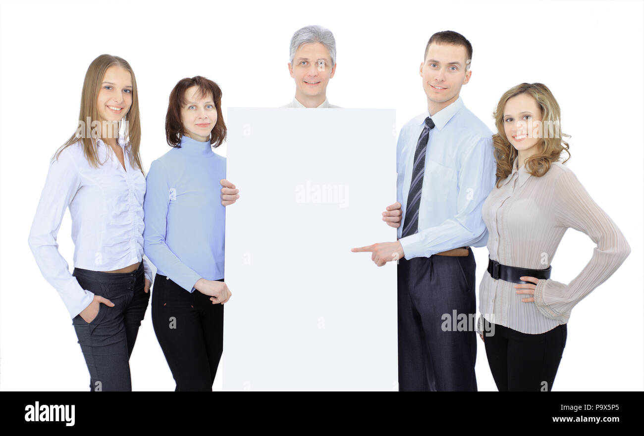 group of business people holding a banner ad isolated on white Stock ...