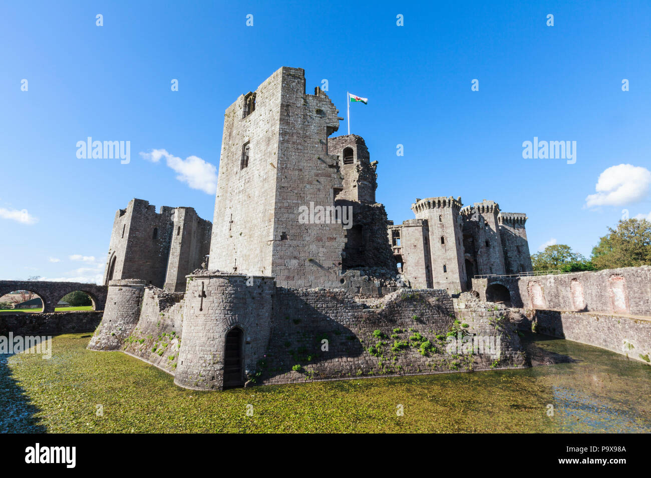The Great Tower and moat of Raglan Castle, Monmouthshire, Wales Stock ...