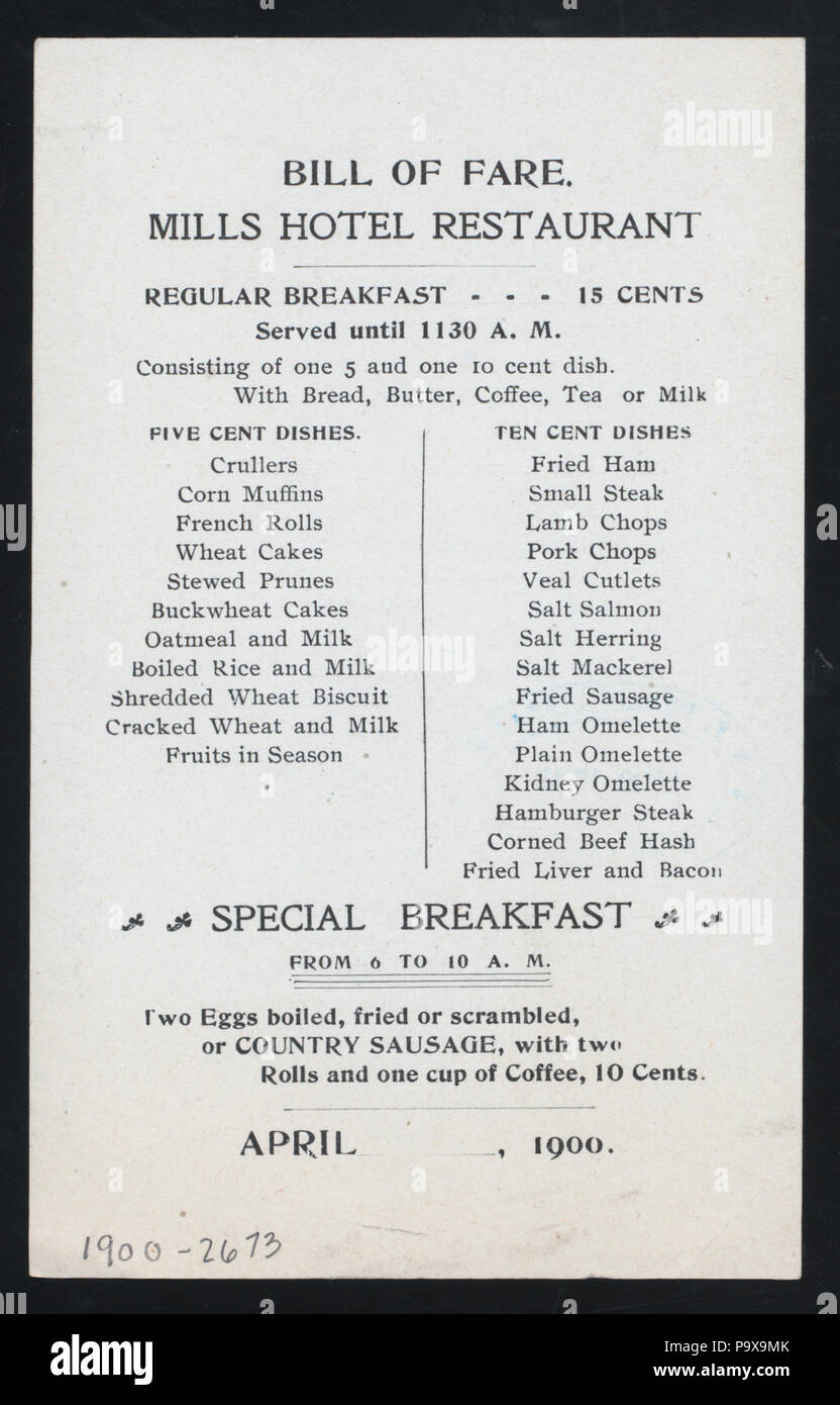 203 BILL OF FARE-BREAKFAST-DINNER (held by) MILLS HOTEL RESTAURANT (at ...