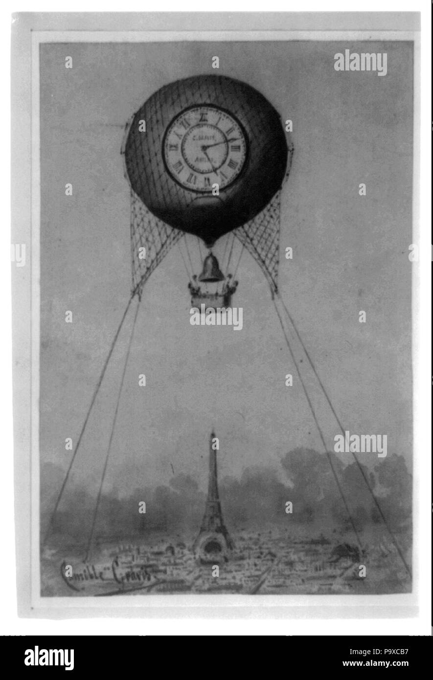 279 Captive balloon with clock face and bell, floating above the Eiffel ...