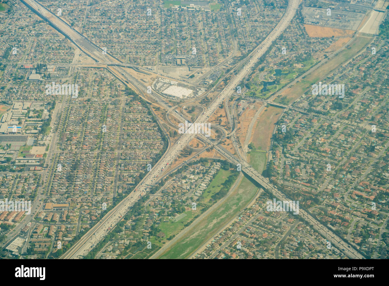Aerial view of highway 5 and highway 605 intersection at Los Angeles ...