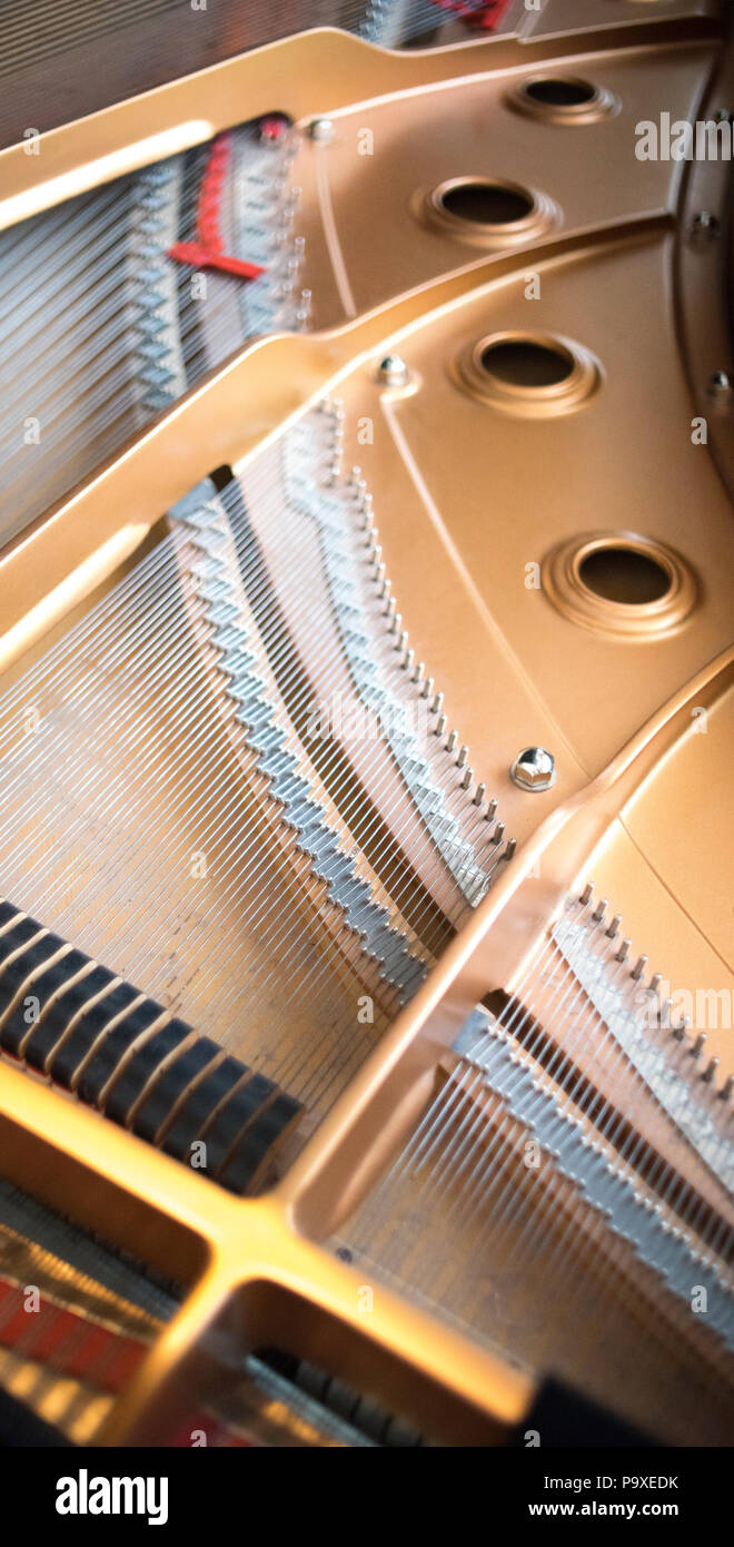 Concert hall grand piano strings ready for classical music performance ...