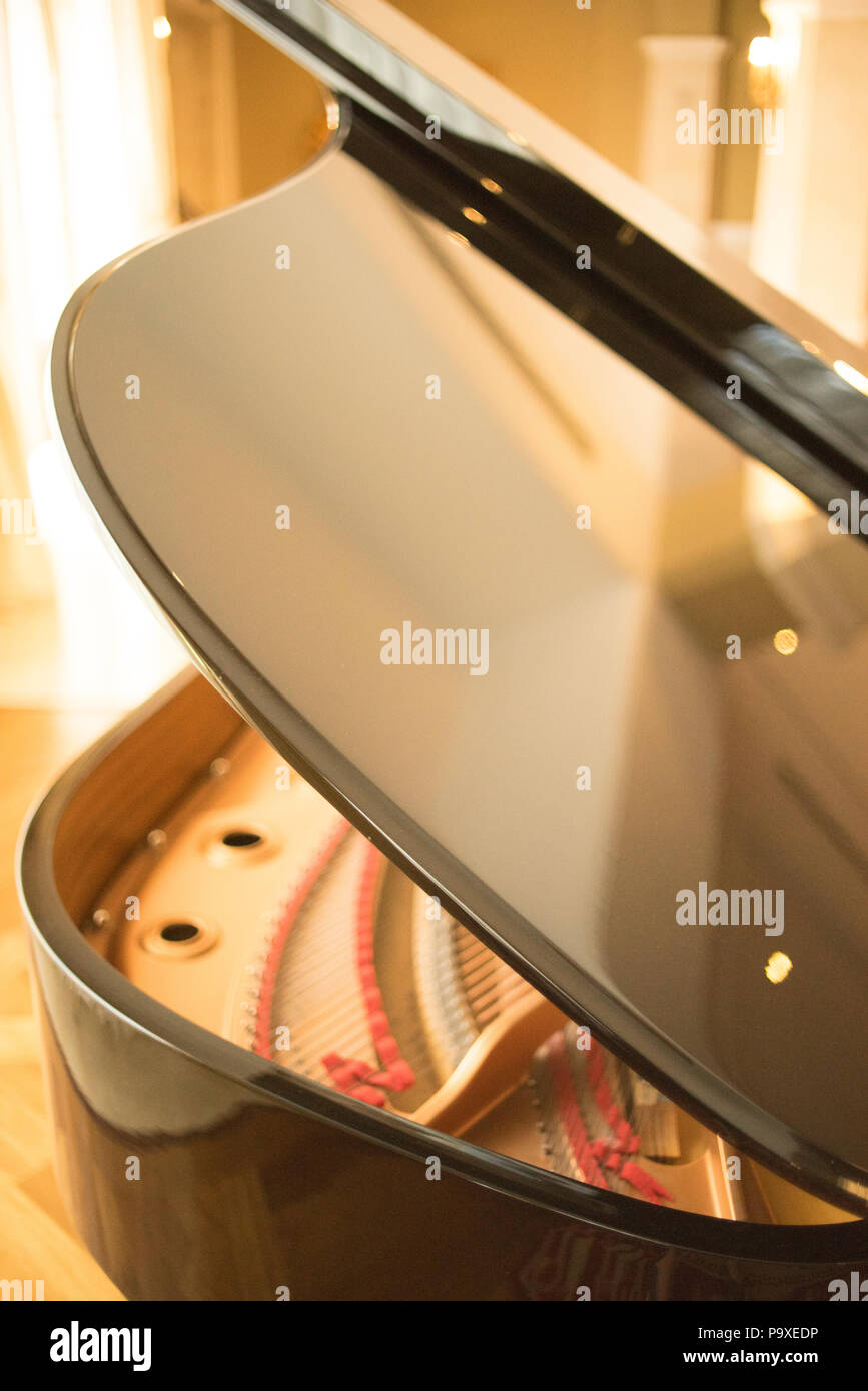 Concert hall grand piano strings ready for classical music performance ...