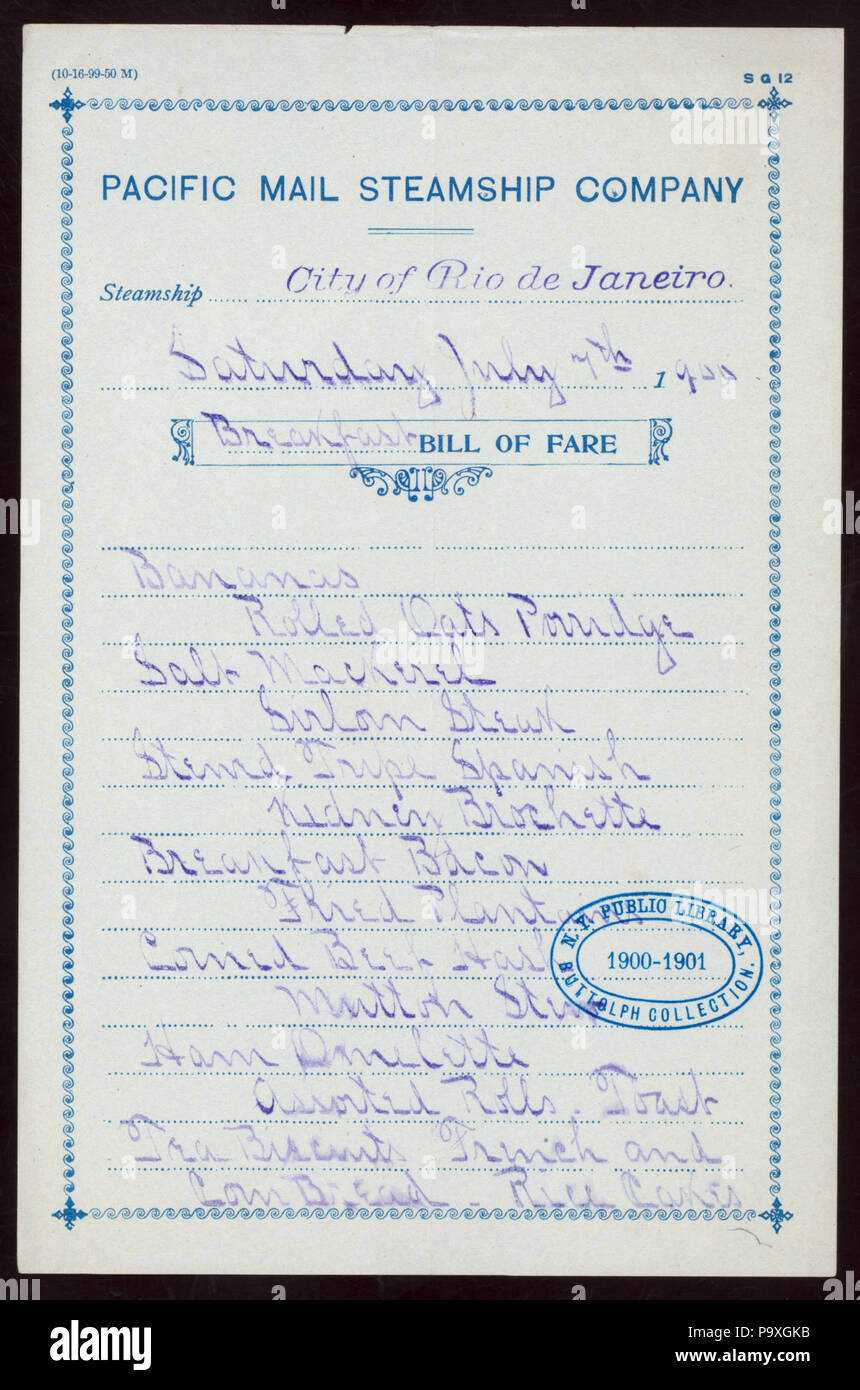 240 BREAKFAST (held by) PACIFIC MAIL STEAMSHIP COMPANY (at) SS CITY OF ...