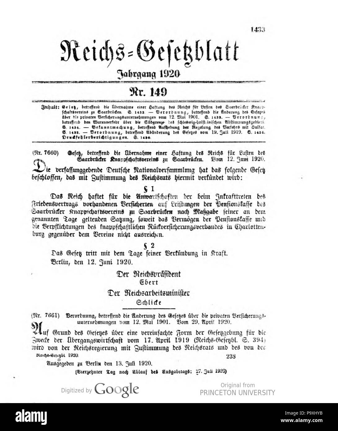 506 Deutsches Reichsgesetzblatt 1920 149 1433 Stock Photo - Alamy