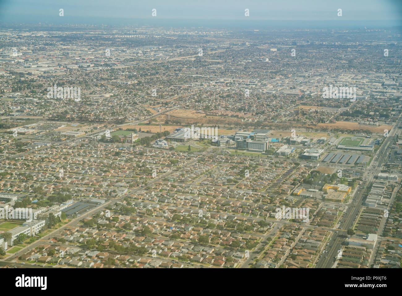 Aerial view of the Los Angeles cityscape from an airplane, California ...
