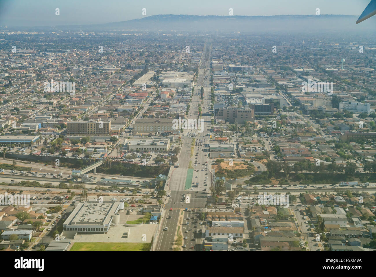 Aerial view of the Los Angeles cityscape from an airplane, California ...