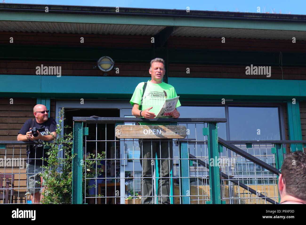 Chris Packham gives a speech during a visit to RSPB Fairburn Ings on ...