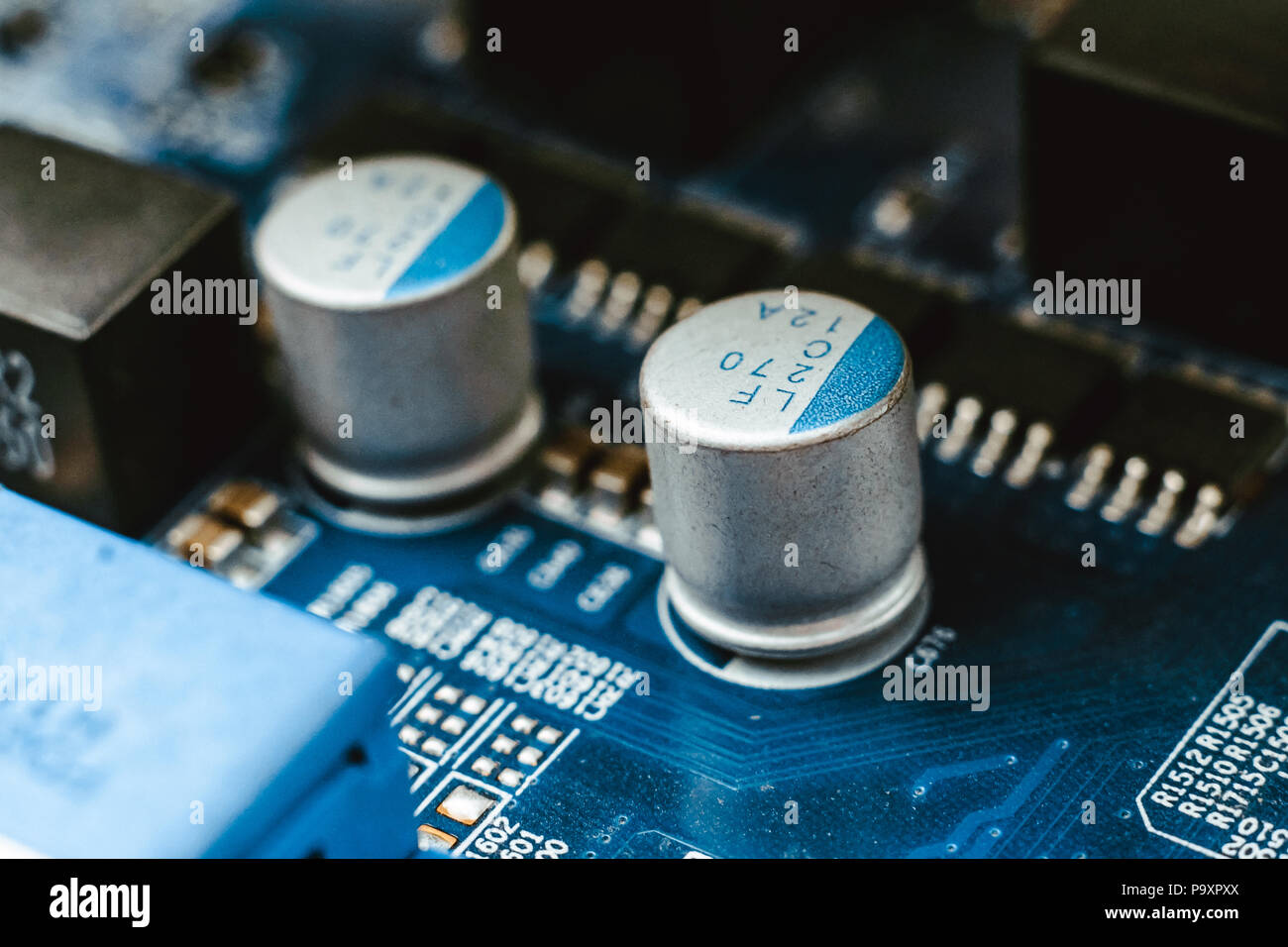 Computer board chip circuit cpu core blue technology background or ...