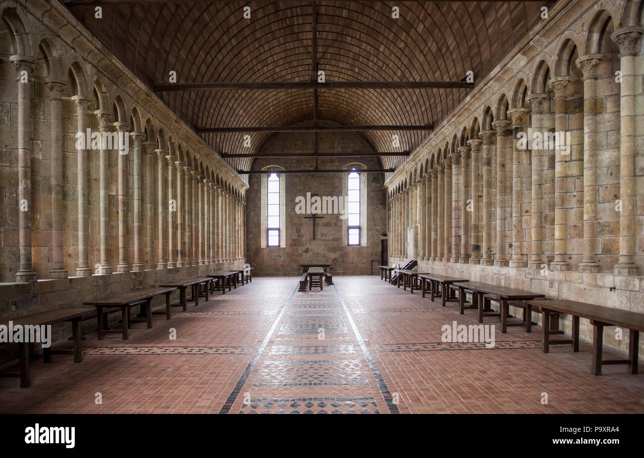 Photograph of interior of dining hall in monastery of Mont Saint-Michel ...