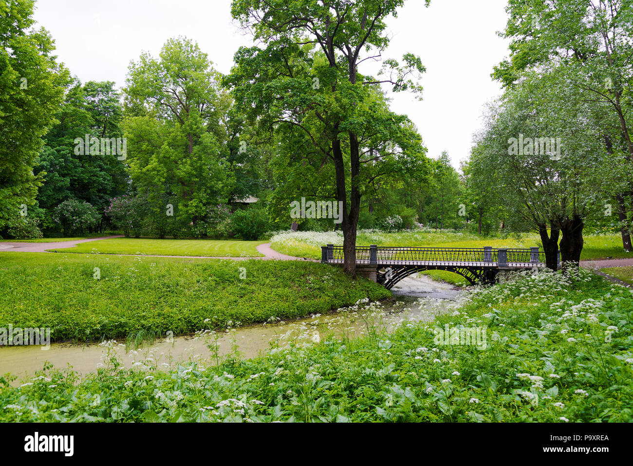 Stone bridge with arch across the stream in the summer Park on a Sunny ...